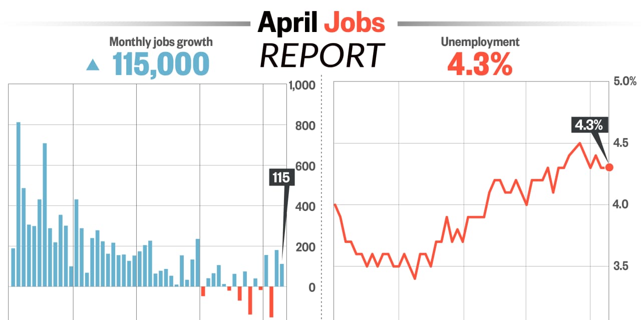 Economy adds 115,000 jobs in April, and unemployment rate stays at 4.3% ...
